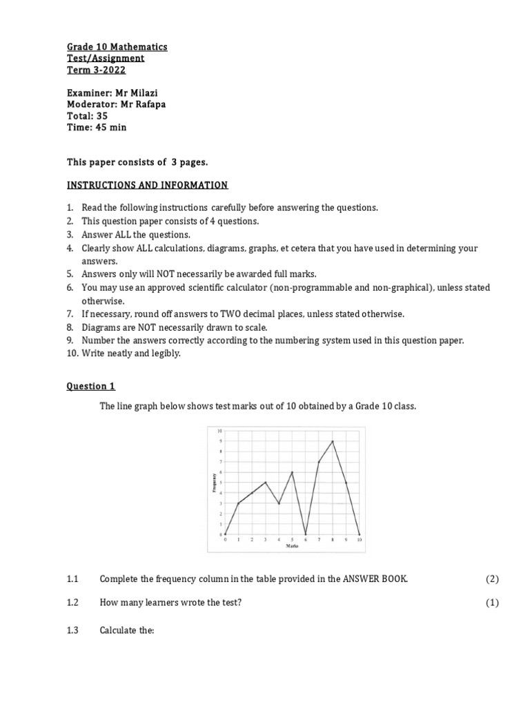 Grade 10 Math Test - Term 3 | PDF