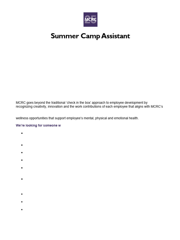 Summer Camp Assistant Job Opening | PDF | Experience | Canada