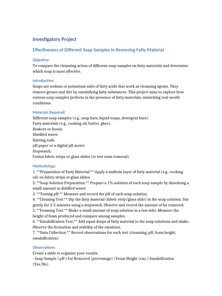 Investigatory Project Soap Samples | PDF | Soap | Emulsion