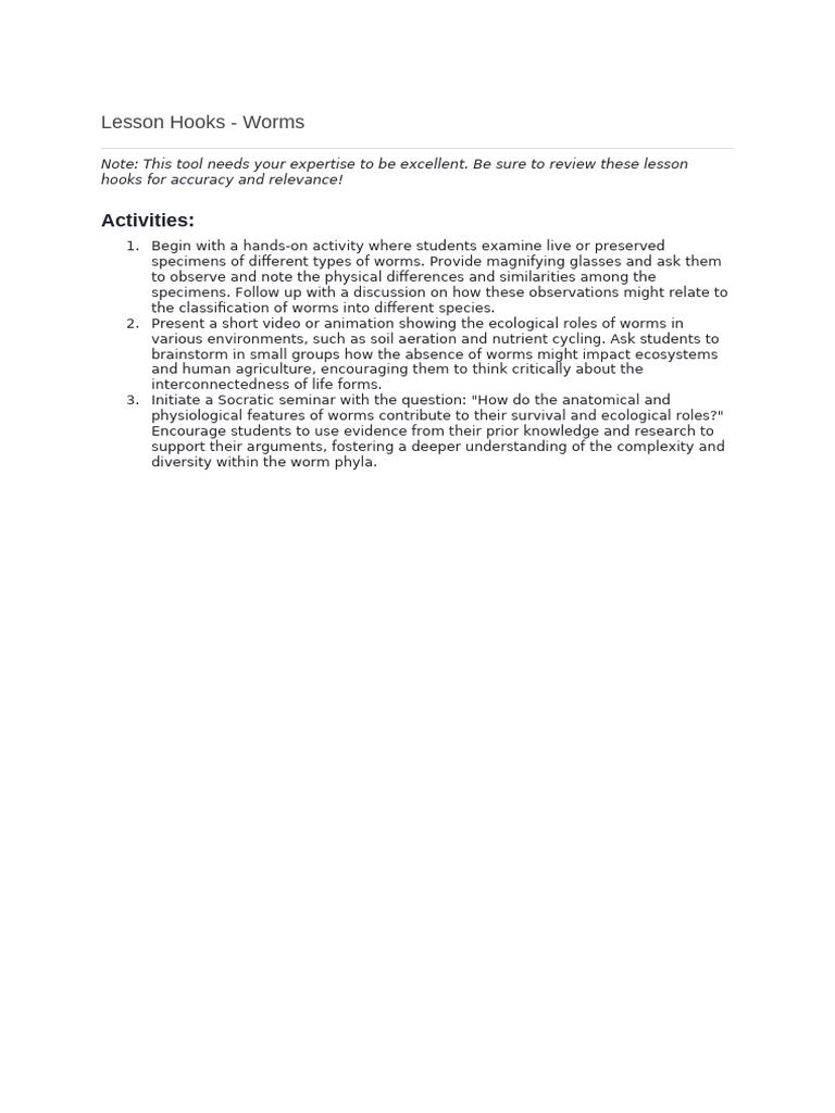 Lesson Hooks - Worms | PDF | Wellness | Science & Mathematics