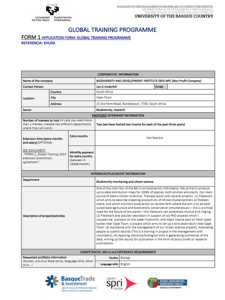 Global Training Internship Application Form | PDF | Biodiversity | Science