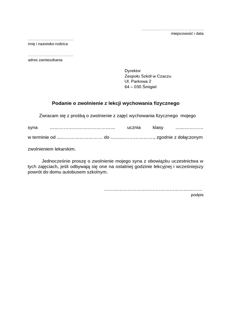Podania o Dlugoterminowe Zwolnienie Dziecka Z Lekcji WF | PDF Podania o Dlugoterminowe Zwolnienie Dziecka Z Lekcji WF | PDF