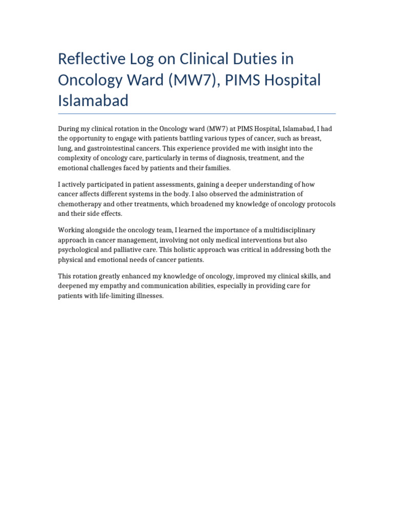 Reflective Log Oncology Ward MW7 PIMS | PDF | Science & Mathematics