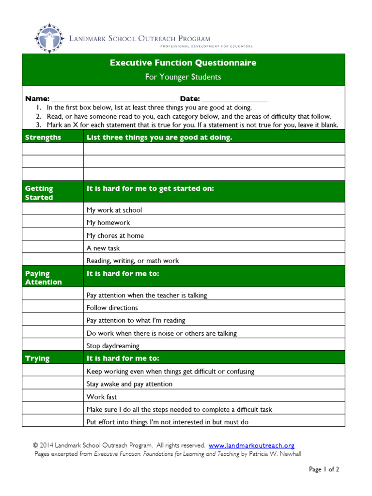 Chapter 1.executive Function Questionnaire For Younger Students | PDF ...