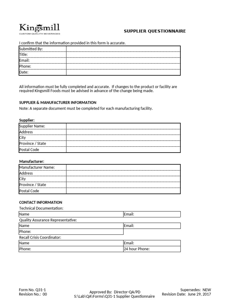 Supplier Questionnaire | PDF