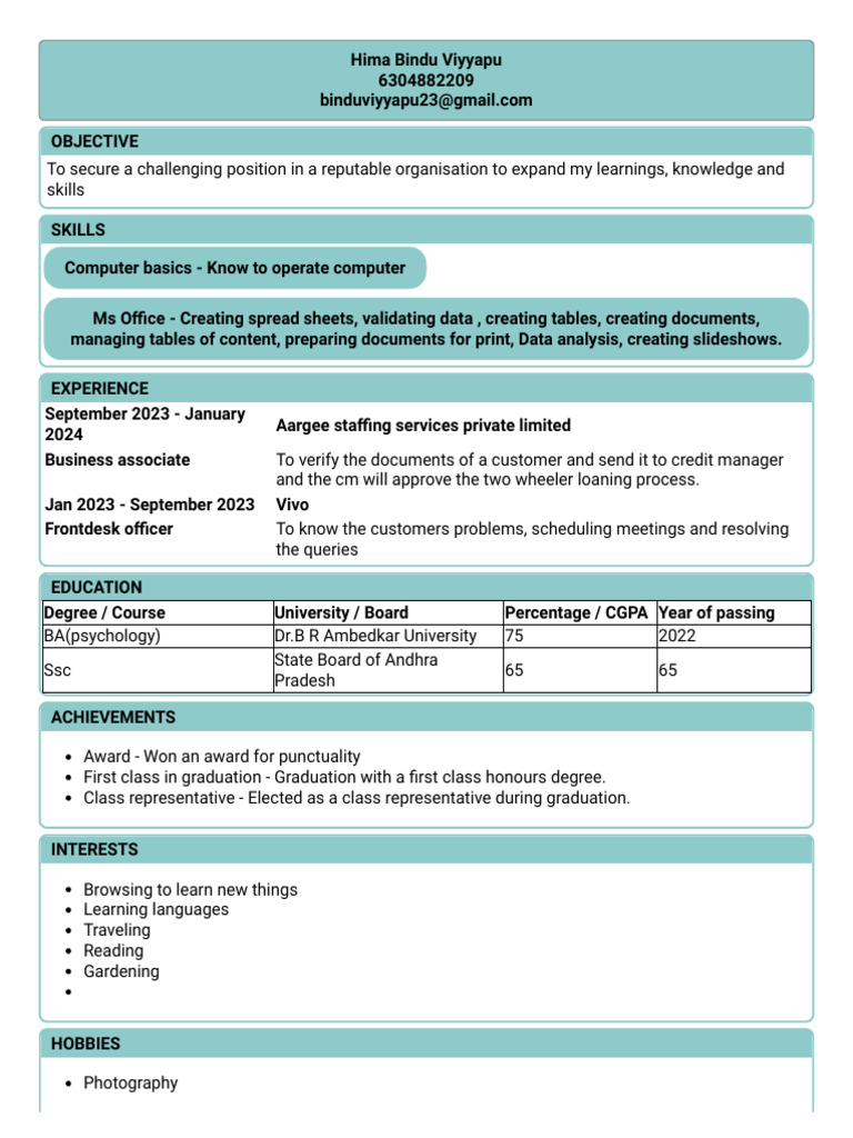 Hima Bindu's Career Overview | PDF