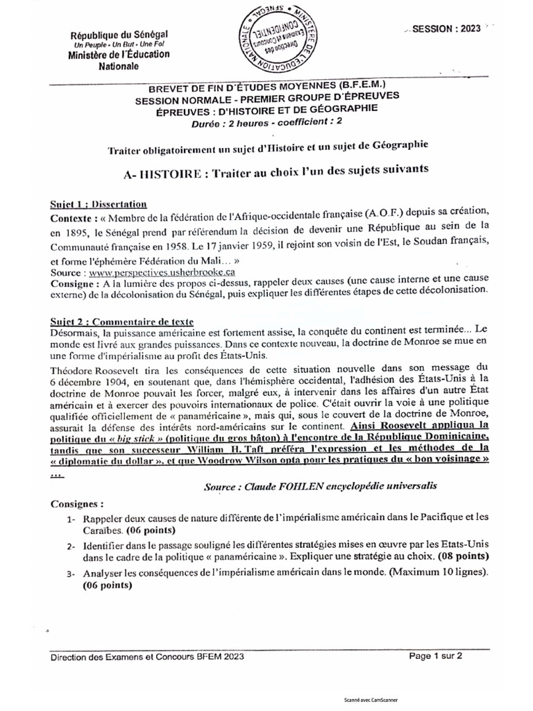 Epreuve HG - Bfem 2023 | PDF