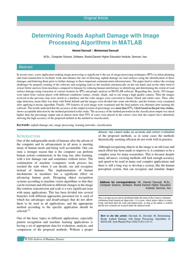 Determining Roads Asphalt Damage With Image Processing Algorithms in Matlab | PDF | Artificial ...