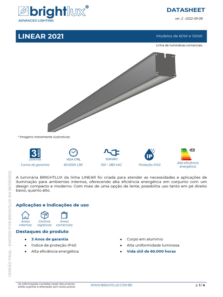 Luminárias LINEAR 60W e 100W Brightlux | PDF | Diodo emissor de luz