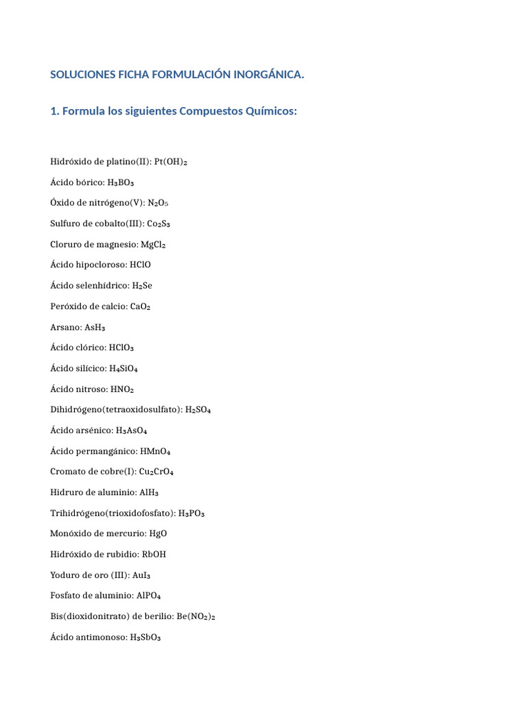 Soluciones Formulación Inorgánica 4º Eso | PDF | Hidróxido | Ácido