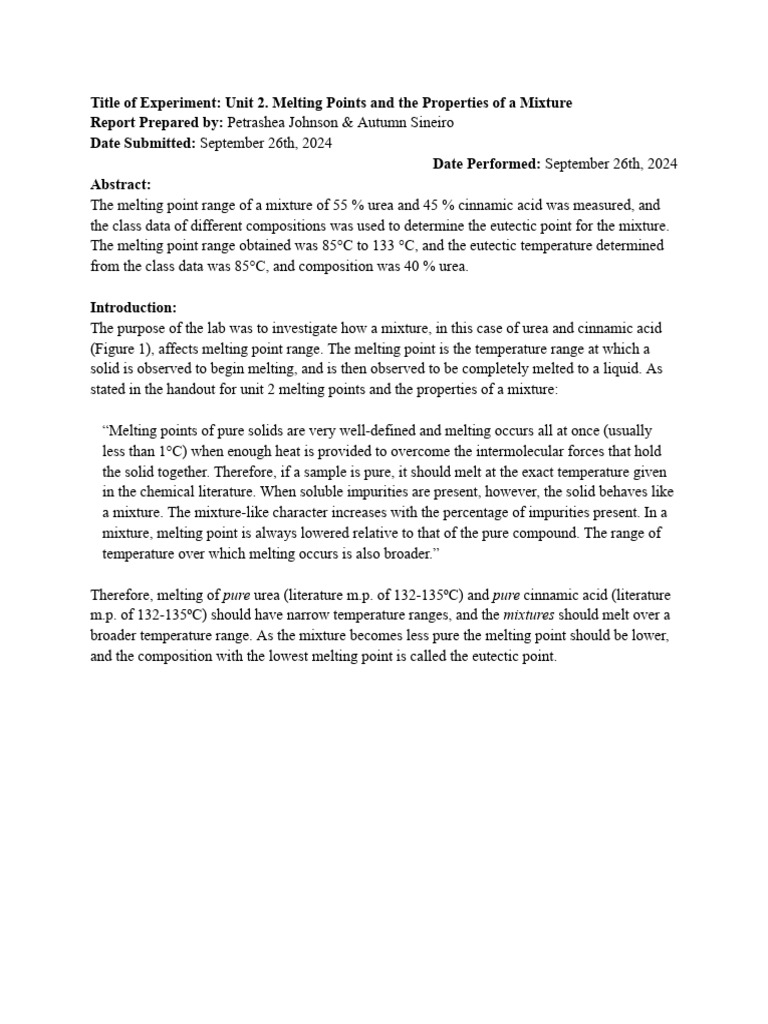 Unit 2 Formal Report | PDF | Melting Point | Mixture