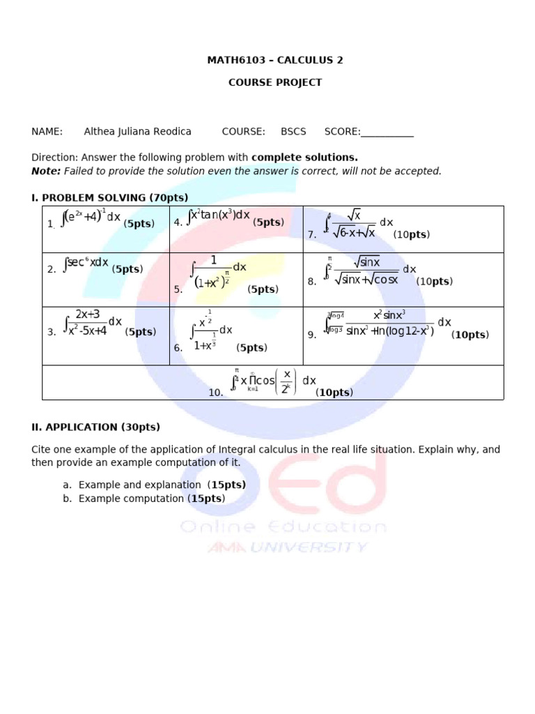 Calculus 2 Course Project Solutions | PDF | Teaching Methods & Materials