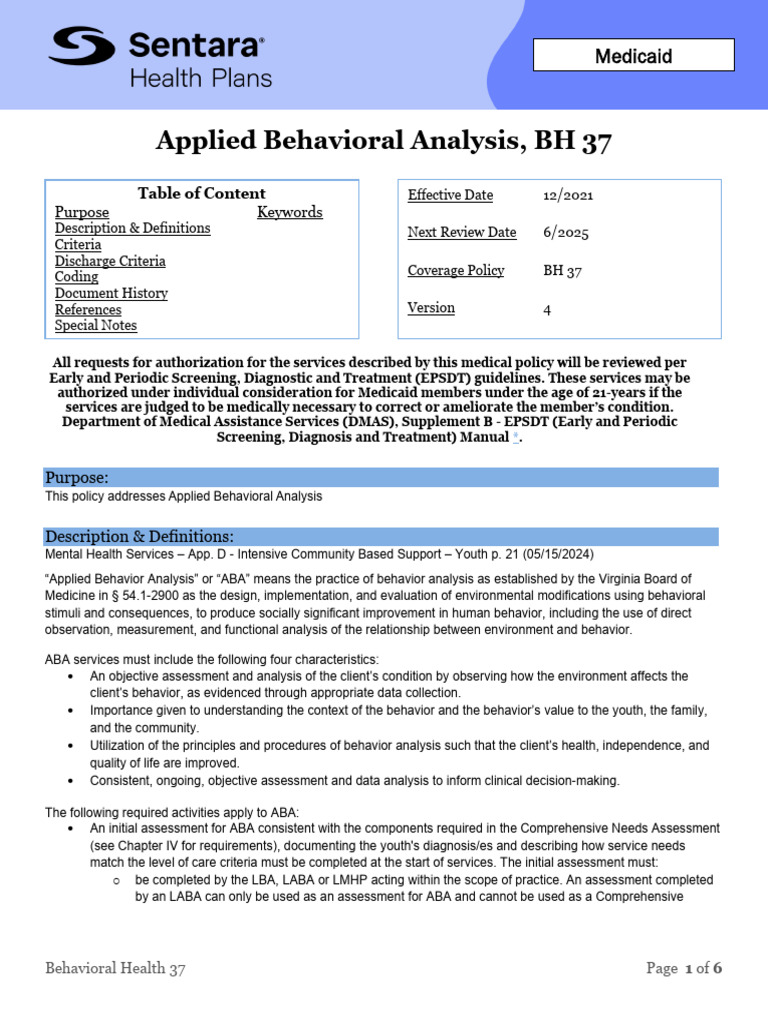 Sentara ABA Authhorization Information | PDF | Mental Health ...