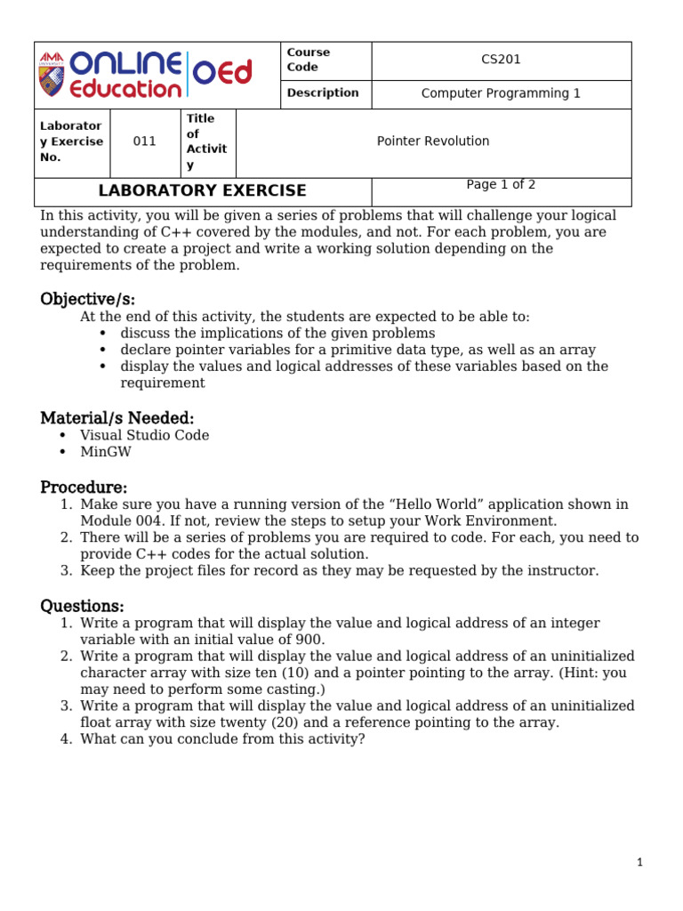 Week012 Lab11 Pointersandreferences1 Edited Pdf Pointer Computer Programming Computer