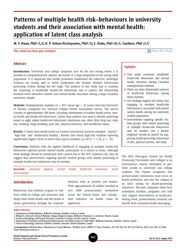 Patterns of Multiple Health Risk-Behaviours in University Students ...