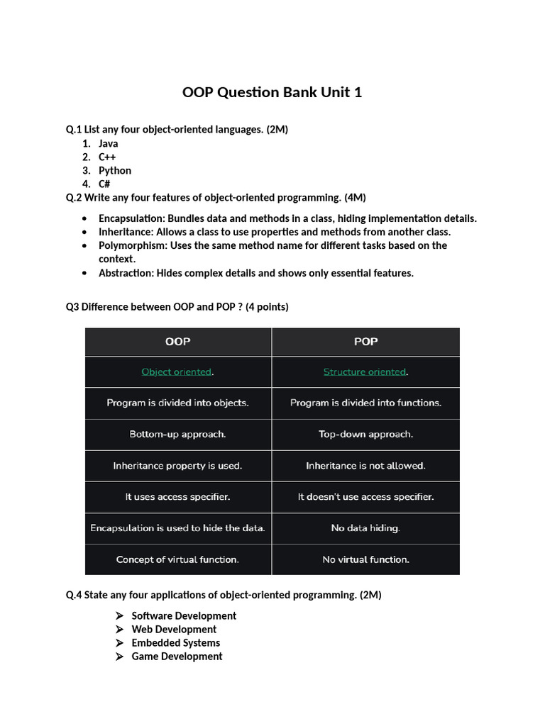 Oop Question Bank Unit 1 Pdf Object Oriented Programming Method 0341