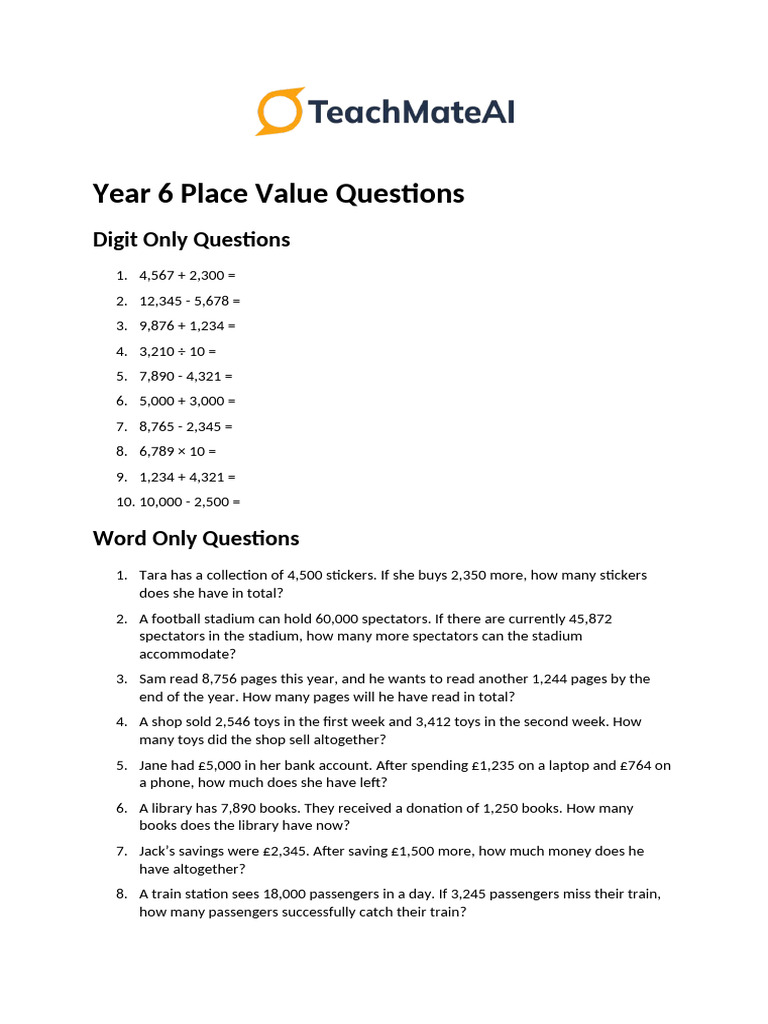 TMAI - Year 6 Place Value Questions | PDF