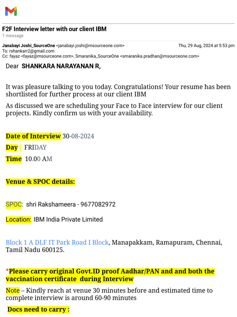 IBM F2F Interview Confirmation Letter | PDF