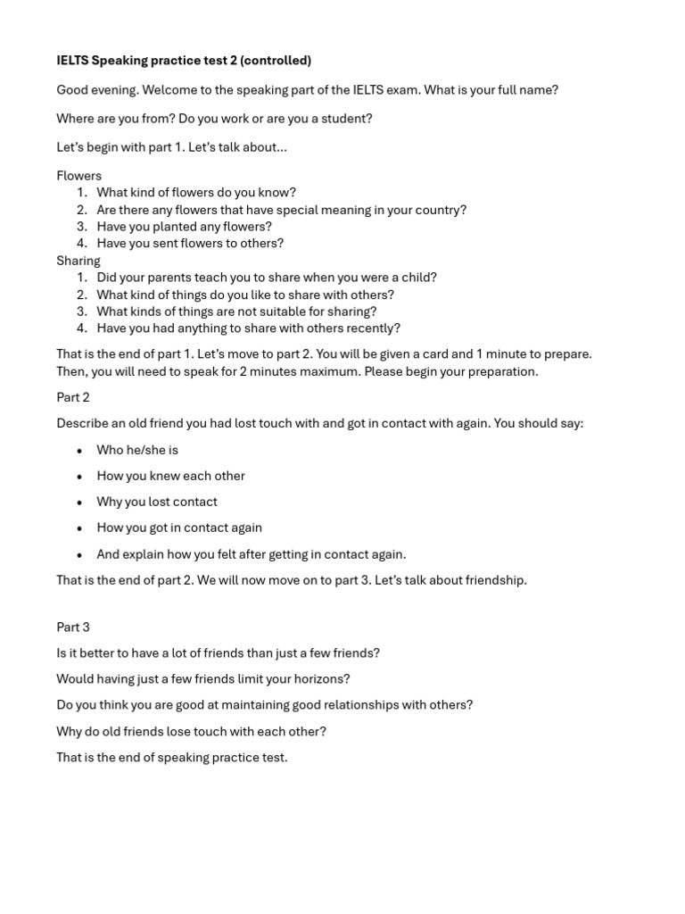 IELTS Speaking Practice Test 2 Controlled | PDF