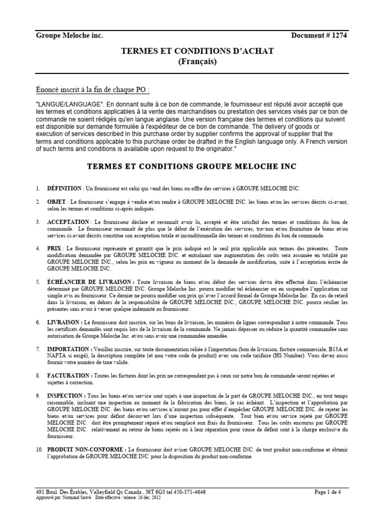 Termes et Conditions d'Achat - Groupe Meloche | PDF | Assurance | Droit ...