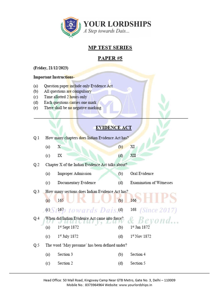 MP Test Series 5 21 12 2023 | PDF | Evidence (Law) | Witness