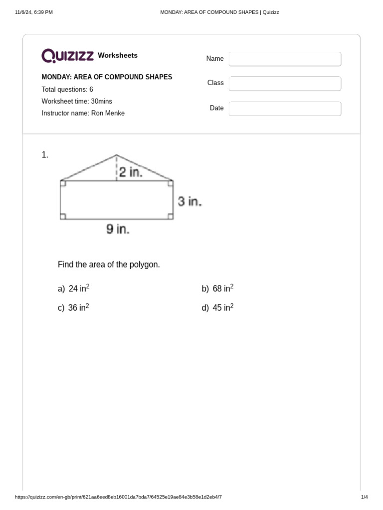 Compound Shapes Area Worksheet | PDF | Science & Mathematics