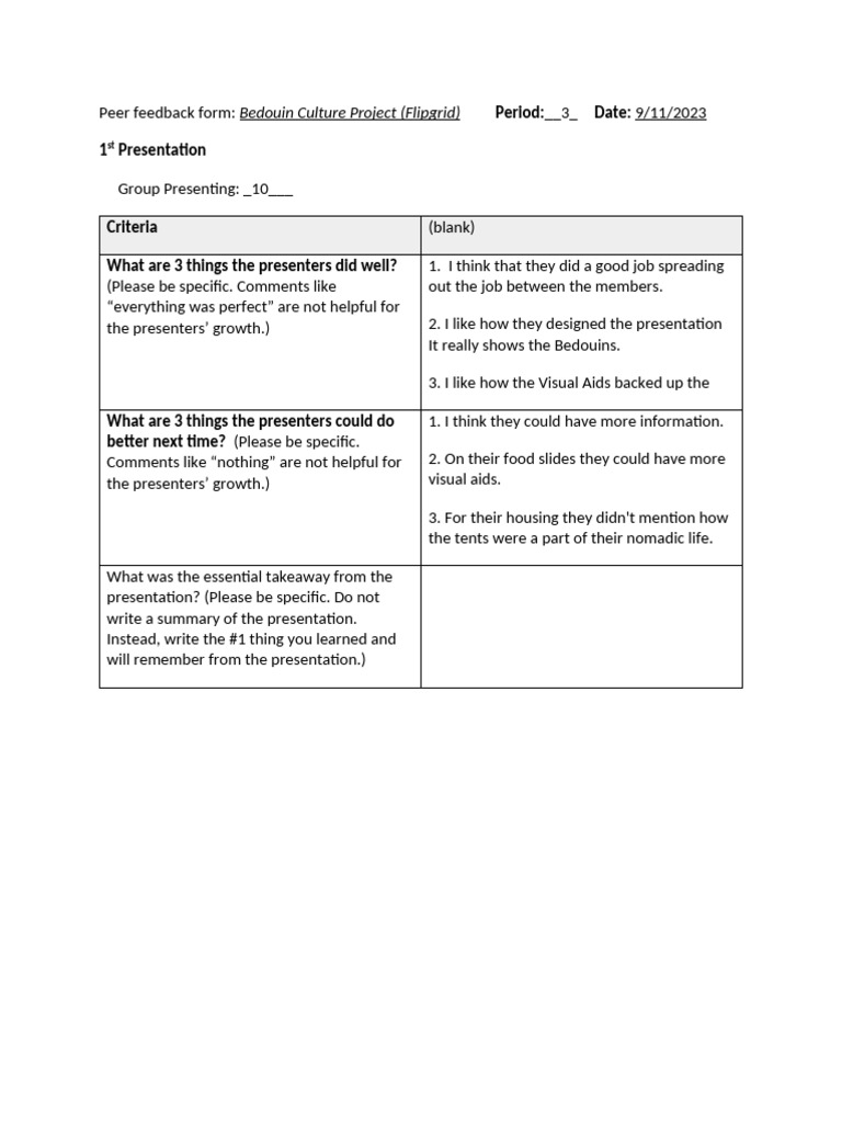 Peer-Feedback-Form - BedouinProject On Flipgrid | PDF