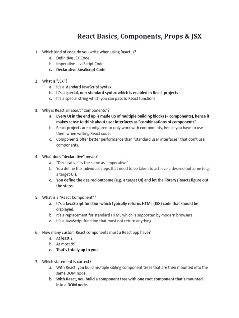 Section 3 Quiz React Basics Components Props And Jsx Pdf Java Script Document Object Model