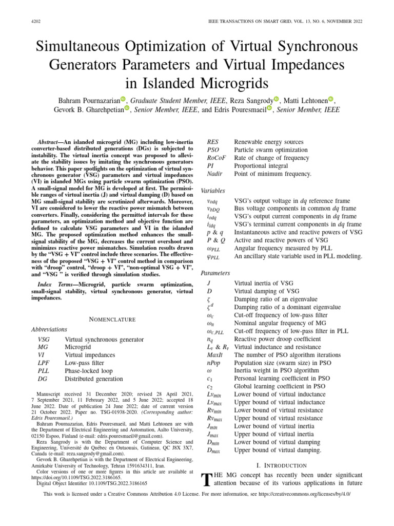 Simultaneous Optimization of Virtual Synchronous G | PDF | Stability ...