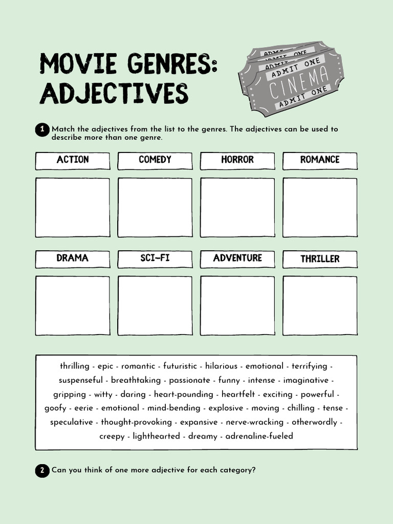 Black & White Sketchy Movie Genres Vocabulary Adjectives Worksheet | PDF
