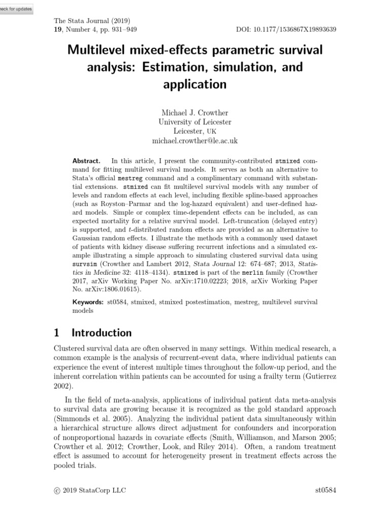 Crowther 2019 Multilevel Mixed Effects Parametric Survival Analysis Estimation Simulation and ...