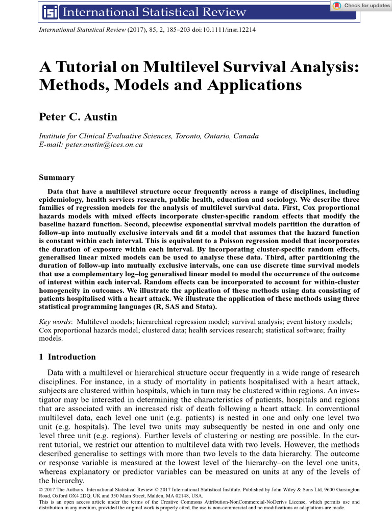 Int Statistical Rev - 2017 - Austin - A Tutorial On Multilevel Survival Analysis Methods Models ...