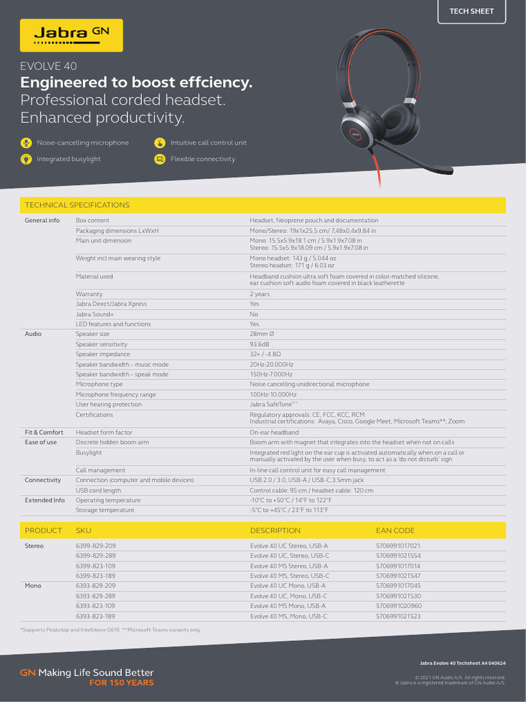 Jabra Evolve 40 Techsheet A4 040624 | PDF | Headphones | Usb