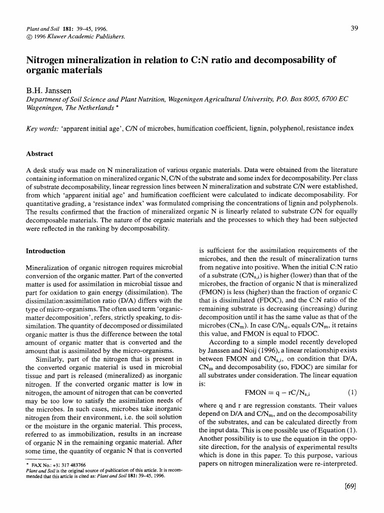 Nitrogen Mineralization in Relation To C:N Ratio and Decomposability of Organic Materials | PDF ...