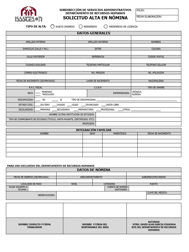 FORMATO SOLICITUD ALTA EN NOMINA 3 Firmas | PDF