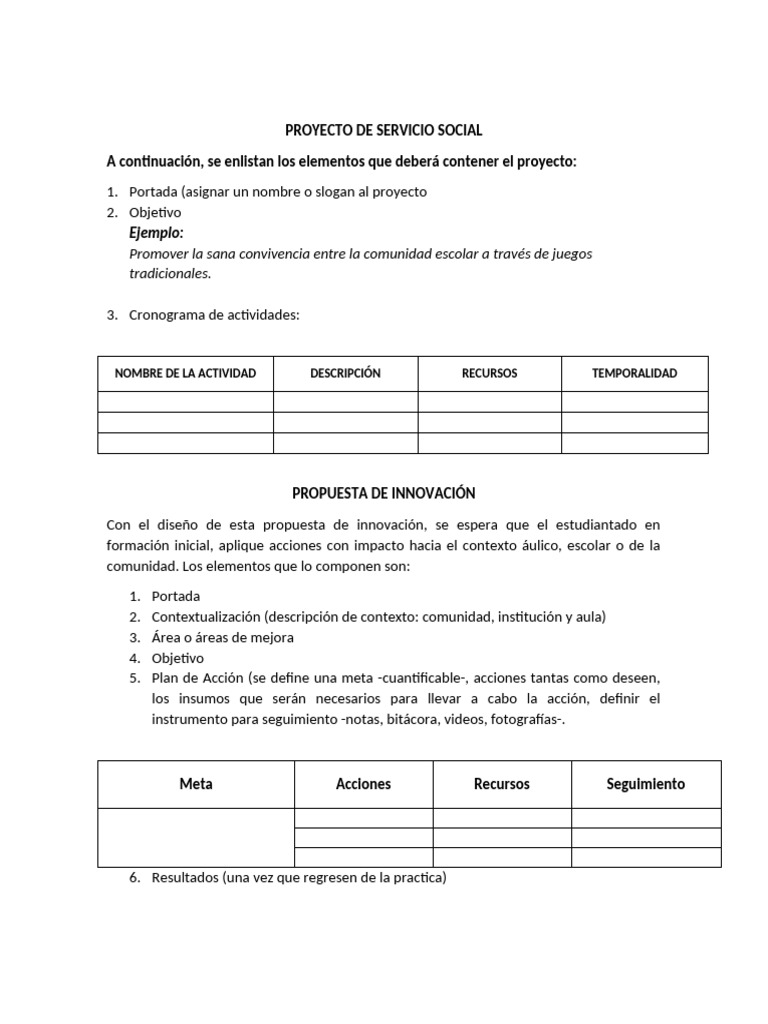 PROYECTO DE SERVICIO SOCIAL y Propuesta de Innovación | PDF
