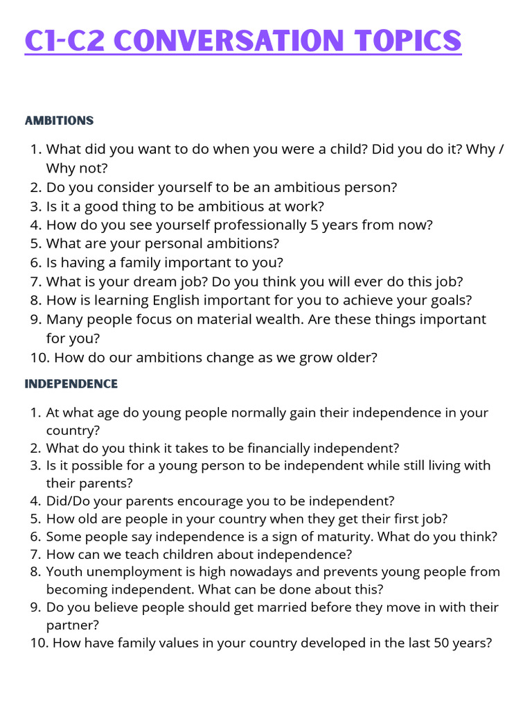 C1-C2 CONVERSATION TOPICS Ambitions | PDF | Advertising | Stereotypes