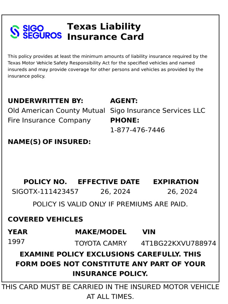 Texas Liability Insurance Card Details | PDF | Finance & Money Management | Law