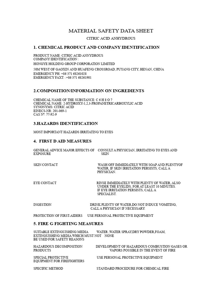 MSDS For Citric Acid Anhydrous | PDF | Waste | Water