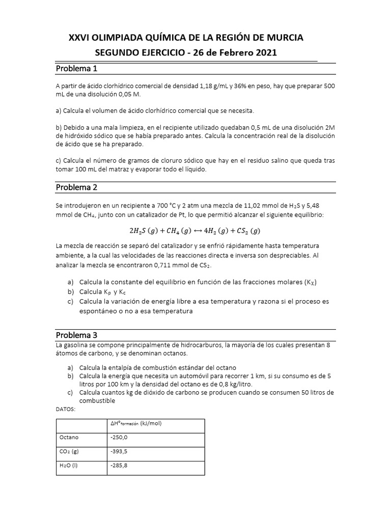 XXVI OLIMPIADA QUIMICA Segundo Ejercicio | PDF | Ciencia y matemática