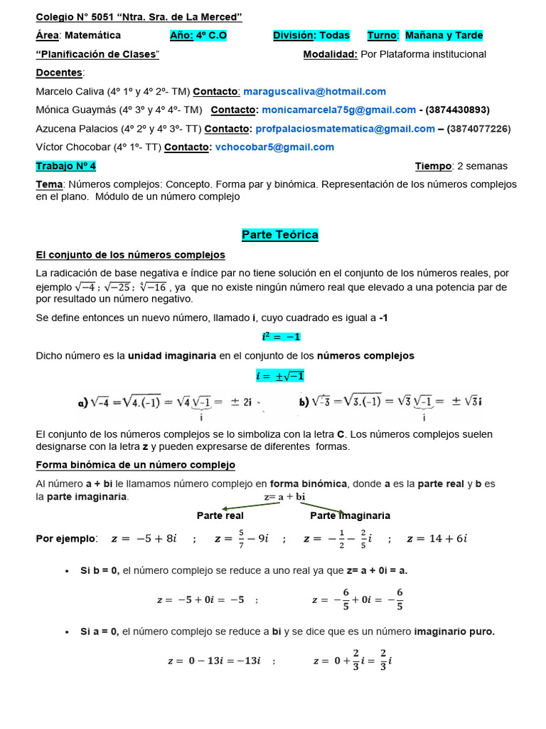 Trabajon4 Nmeroscomplejos | PDF | Número complejo | Álgebra abstracta