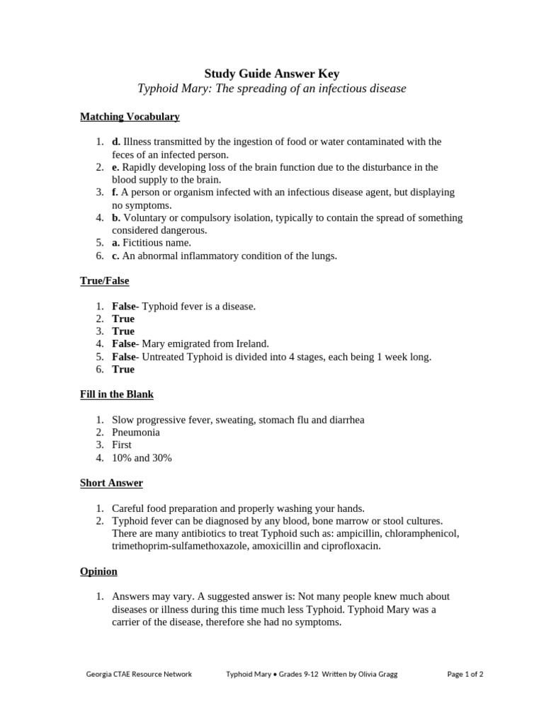 Typhoid Mary Study Guide Answer Key | PDF | Diseases And Disorders ...
