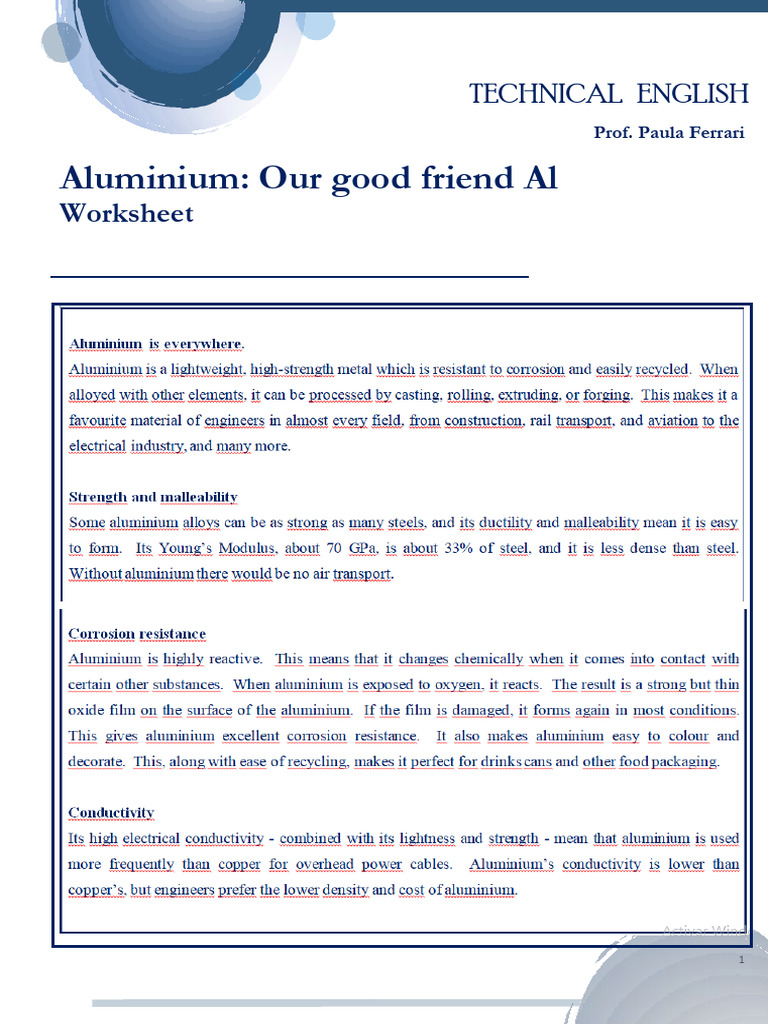 Aluminium-Our Good Friend Al-Worksheet-CompQuestions - v2024 | PDF