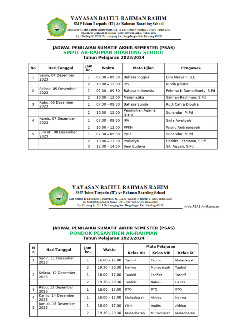 Jadwal PSAS 2023-2024 | PDF