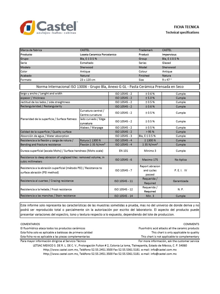 Loseta Cerámica Porcelánica Castel Sherwood | PDF | Materiales