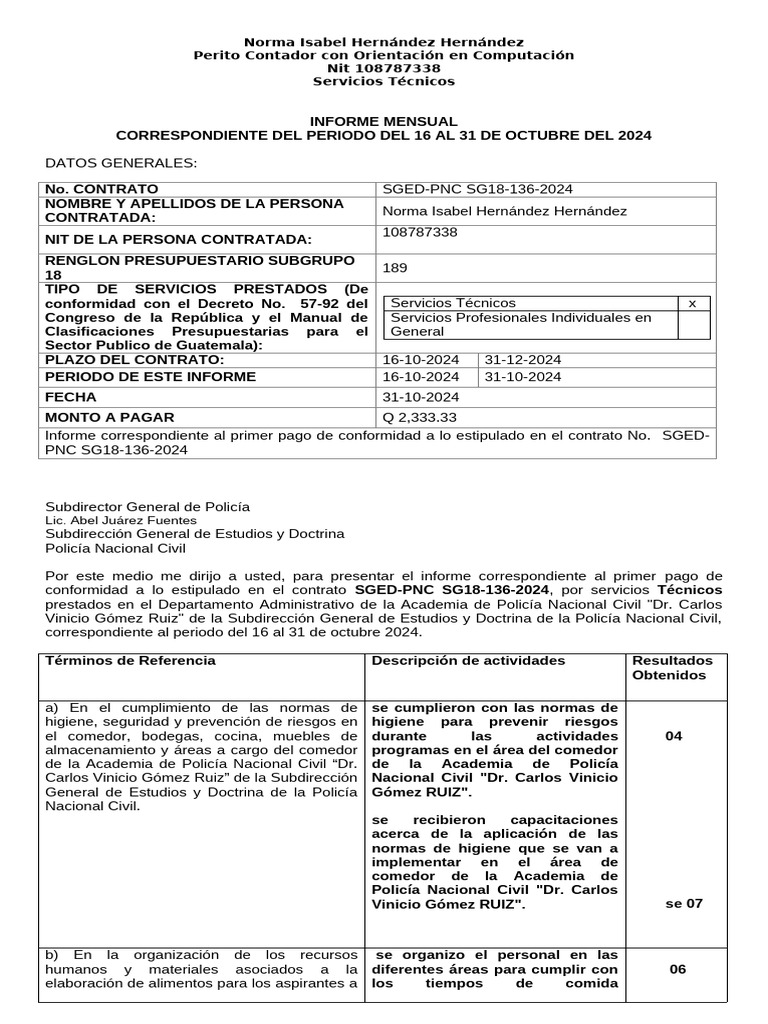 Informe Técnico Mensual PNC | PDF | Policía