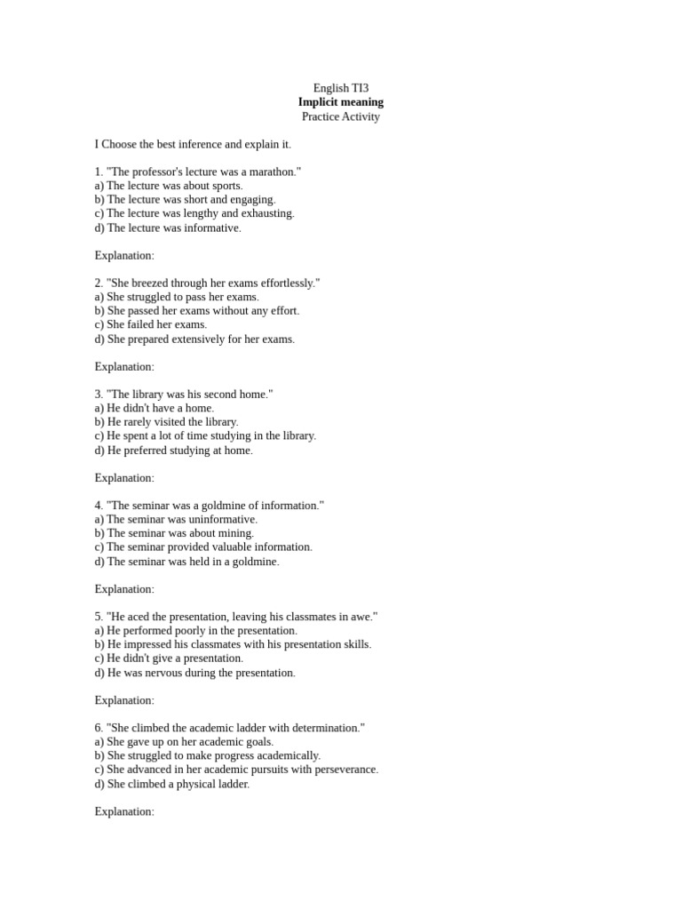 Implicit Meaning Practice Activities | PDF | Psychology | Psychological ...