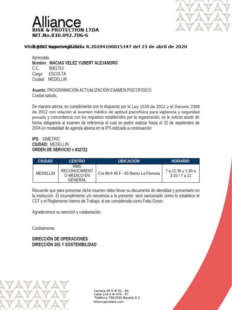Carta Notificación Examen Psicofisico YUBERT MACIAS | PDF