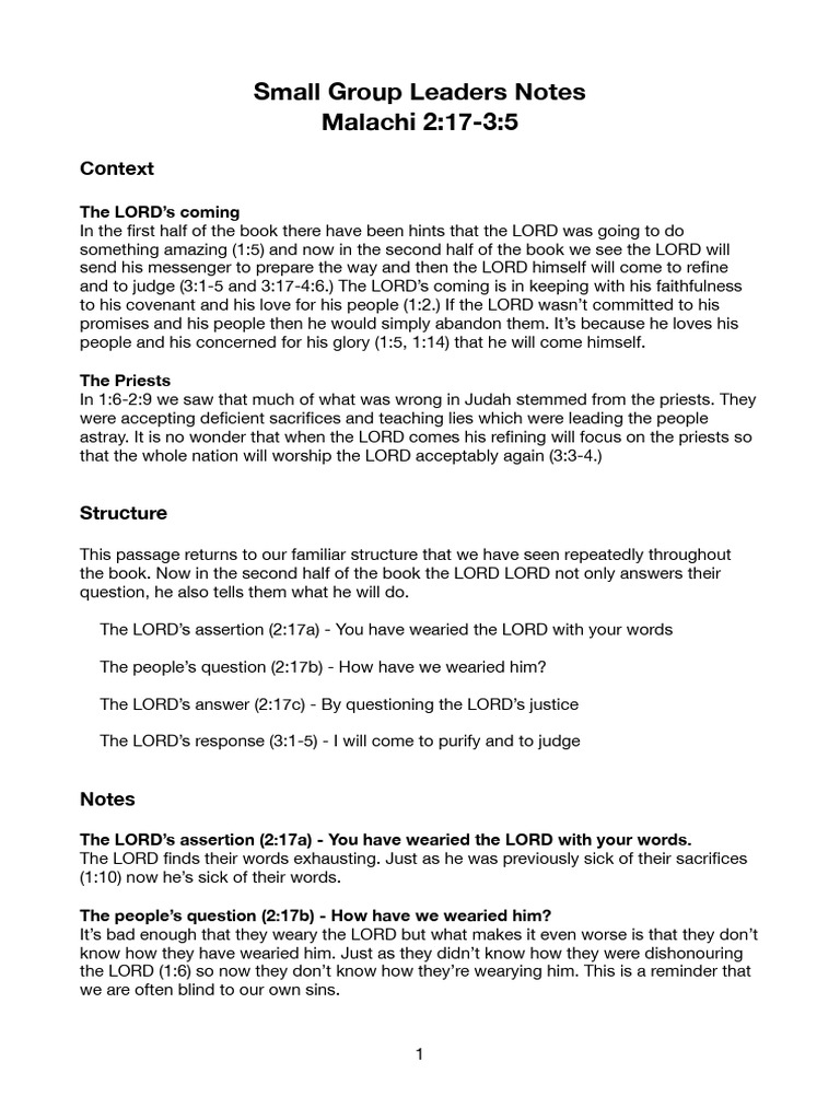 SGL Notes Malachi 2v17 3v5 | PDF | Jesus | Second Coming