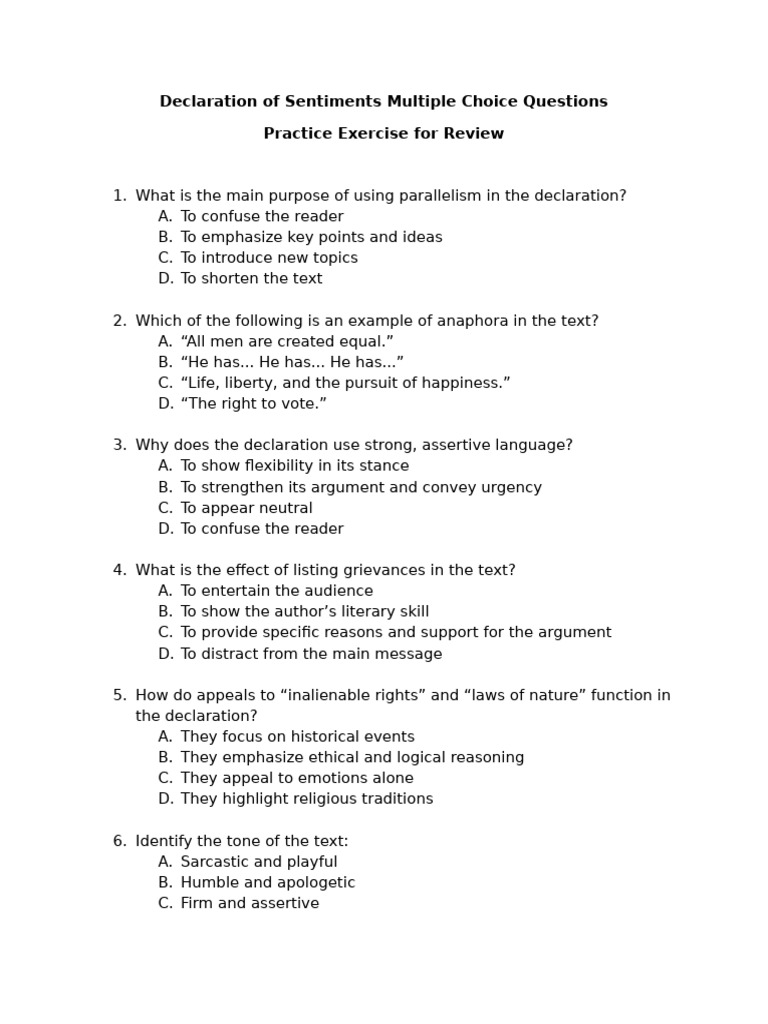 Declaration of Sentiments MCQ Exercise With Answer Key | PDF | Irony ...